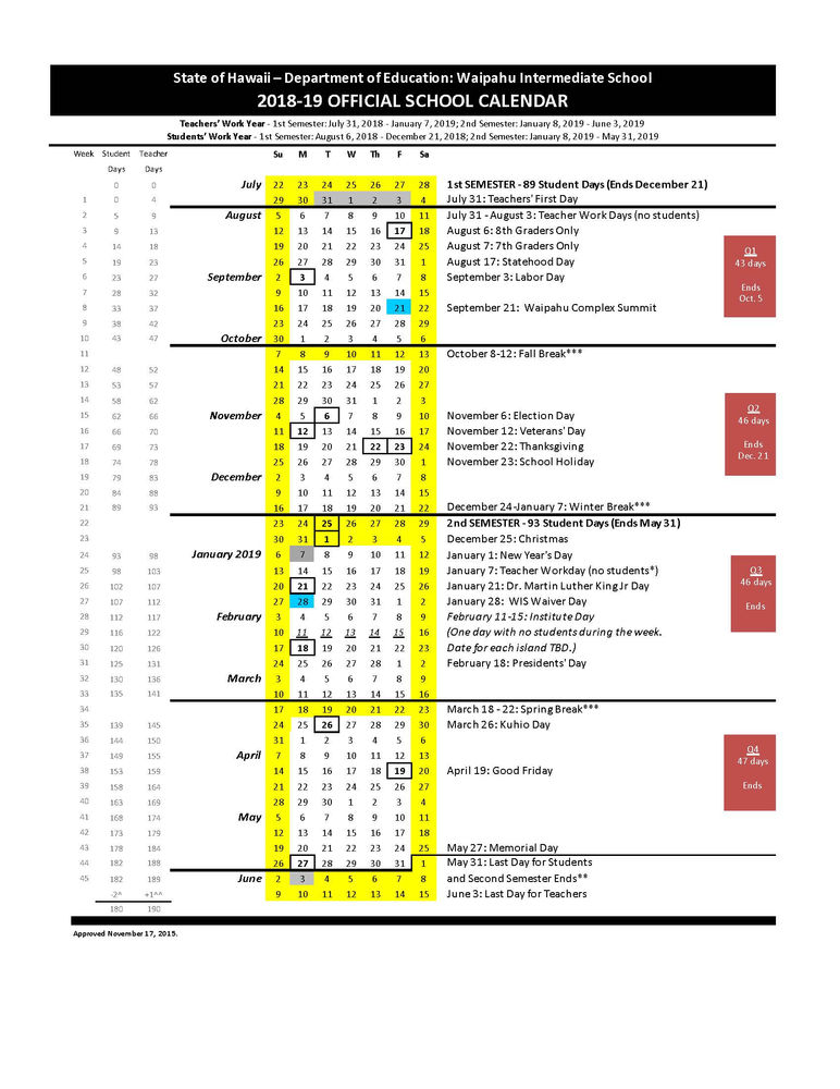 2018-2019 School Calendar