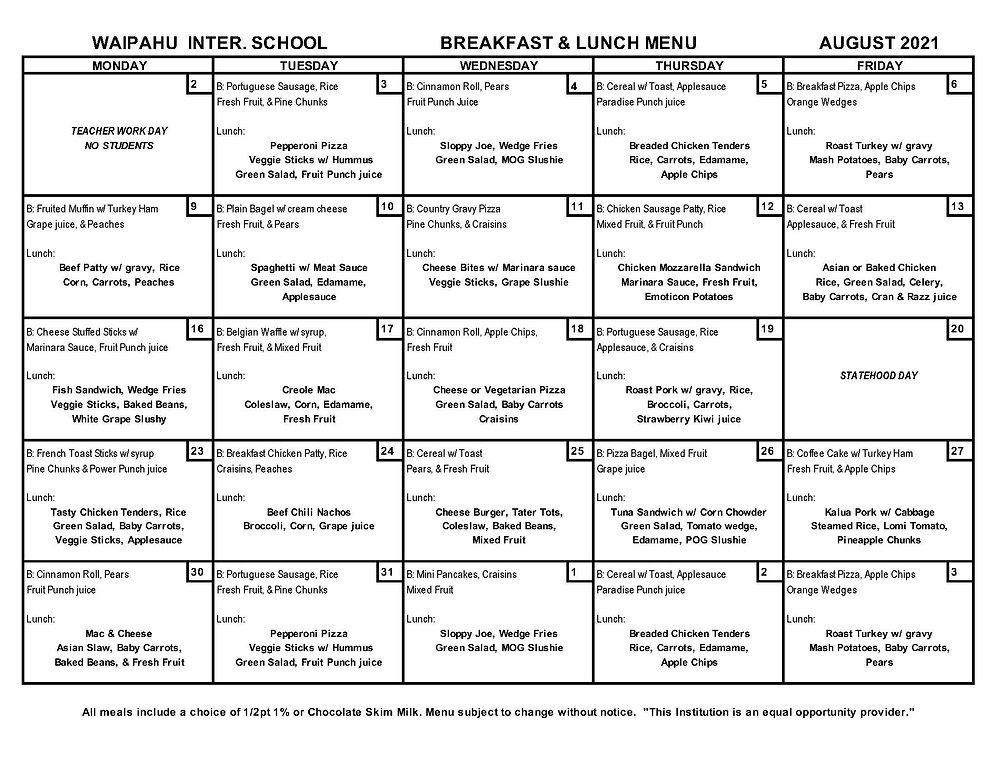 August Meal Menu