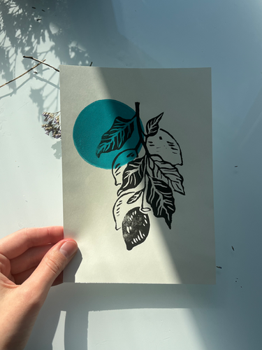 Lemon Dual-Tone Linocut Print, Turquoise | Jade Rabbit Press