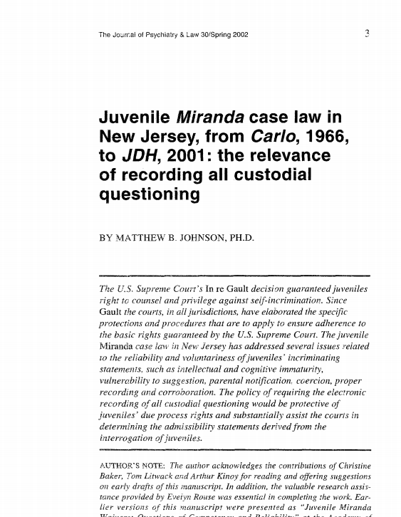 Juvenile Miranda Case Law In New Jersey...