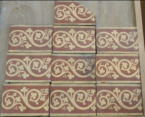 A collection of 8 foliate scroll tiles - buff and terracotta | pugin-tiles