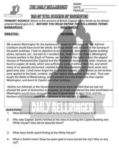 Burning of Washington Worksheet | Mysite