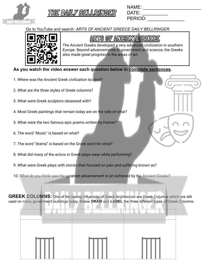 Arts of Ancient Greece Worksheet | Mysite