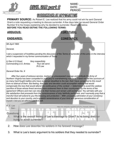 Surrender at Appomattox Worksheet | Mysite