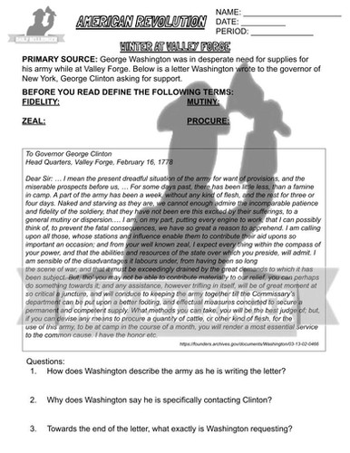 Winter at Valley Forge Worksheet | Mysite