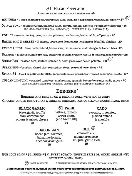 Menu | 51 Park Restaurant
