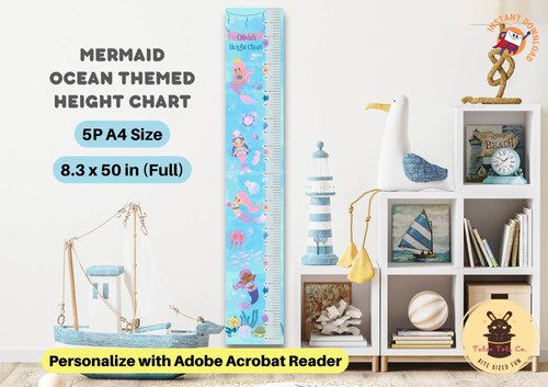 Personalized Mermaid Blue Ocean Themed Height Measurement Chart for ...