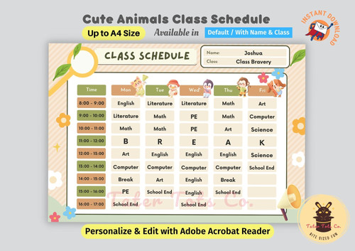 Cute Animals Class Schedule Editable PDF Instant Download | Tater Tots Co.