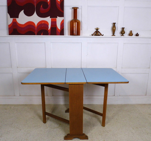 VINTAGE RETRO FORMICA Drop Leaf Kitchen dining Table Blue Formica 1960s ...