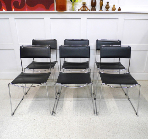 6 vintage Stacking Italian Leather Chrome Spaghetti chairs Belotti made ...