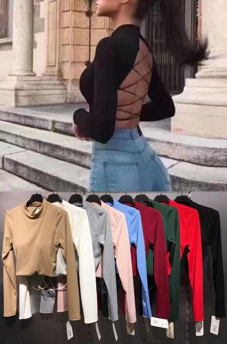 Scoop Neck Long Sleeves Open Back String Tie Top | Glamour Girl