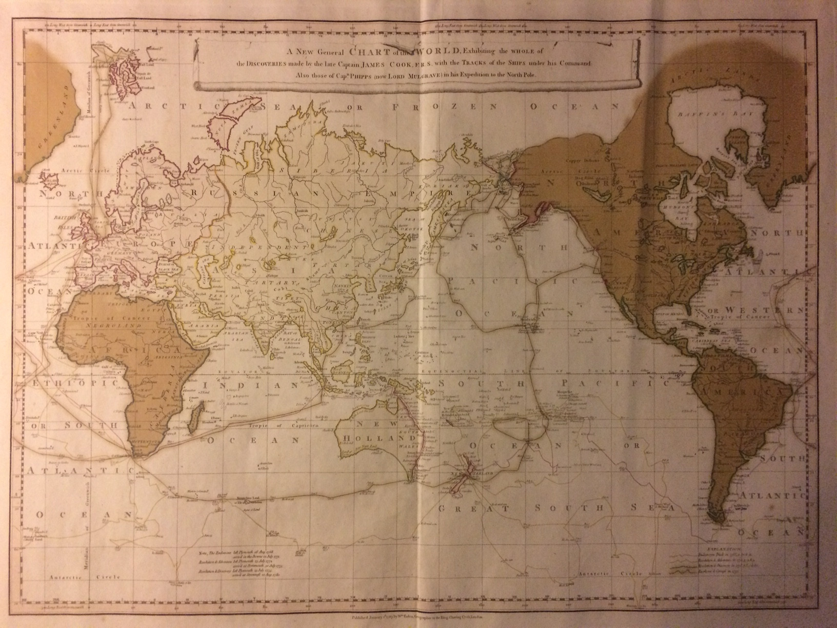 World chart with discoveries of James Cook and Capt. Phipps.