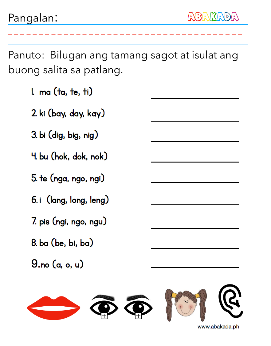 Pantig Worksheet - Parte ng Mukha ng Tao