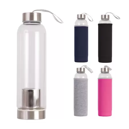 Garrafa Squeeze Vidro Infusor Inox Com Capa 550ml Preta | Granoveg