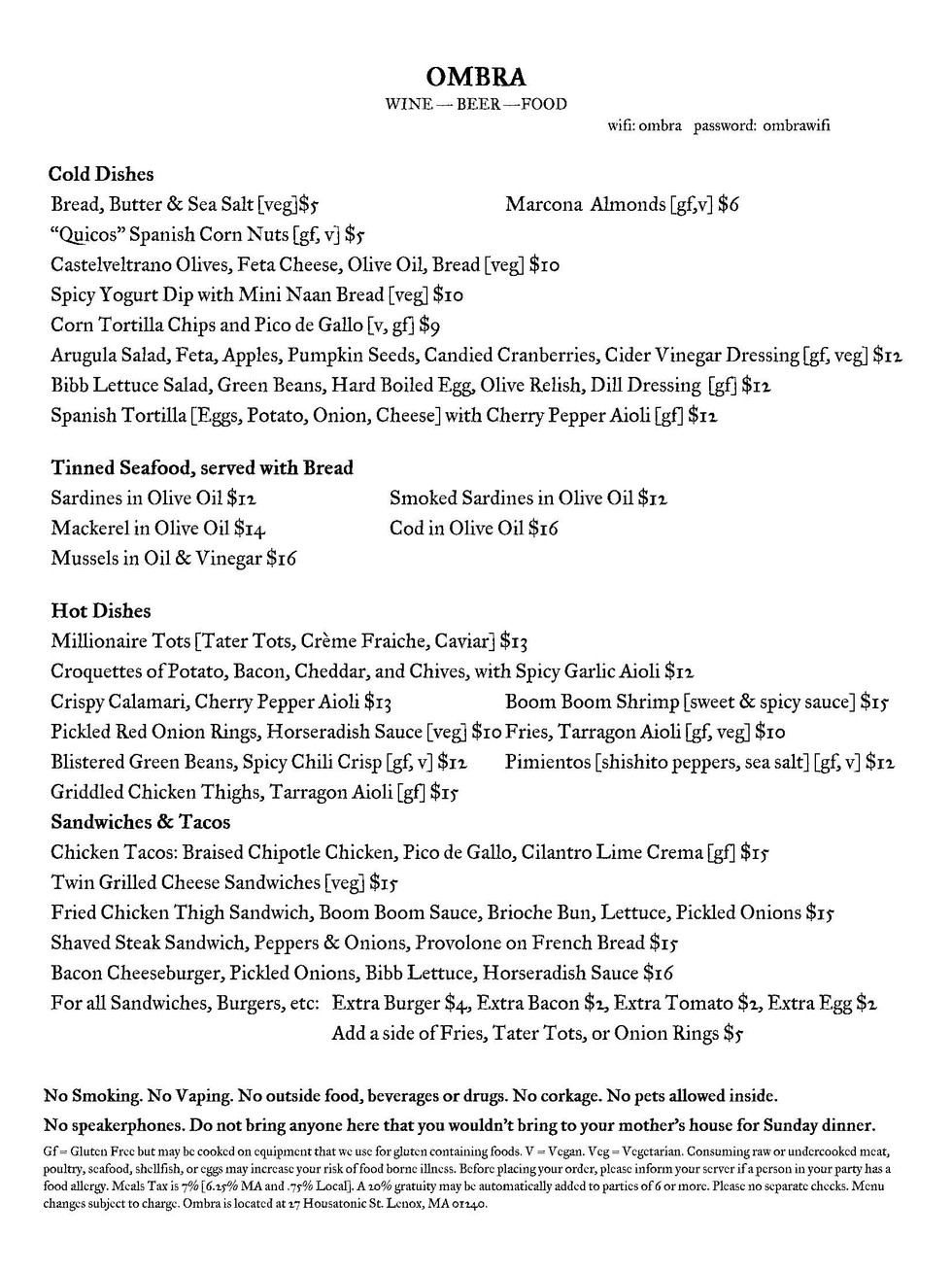 Ombra | Restaurant | 27 Housatonic Street, Lenox, MA, USA