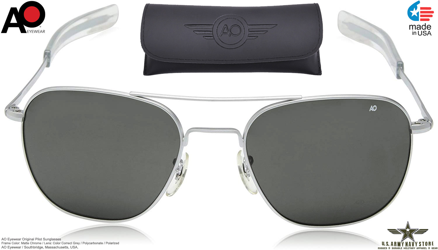 AO Eyewear Original Pilot Sunglasses (Grey, Polarized, Matte Chrome)