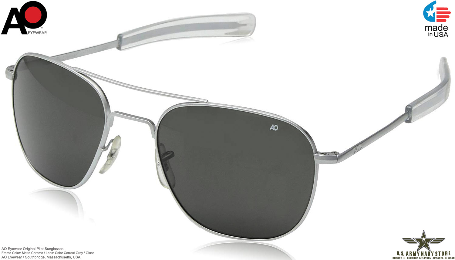 AO Eyewear Original Pilot Sunglasses (Grey Glass, Non-Polarized, Chrom