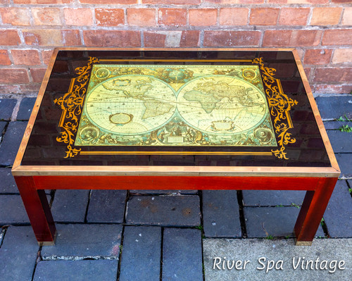 World Map Coffee Table Large Campaign Mid Century Atlas Glass Brass ...