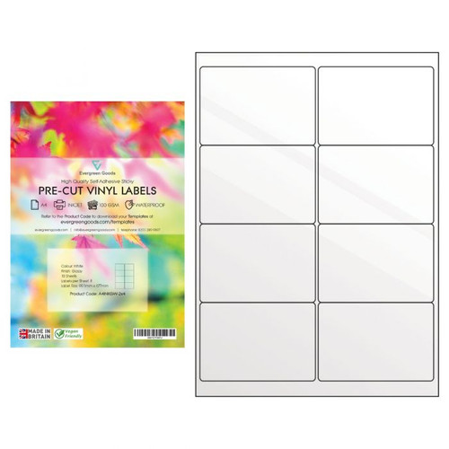 Premium Glossy White Rectangular Precut A4 Labels: 2x4, 8 per A4 Sheet