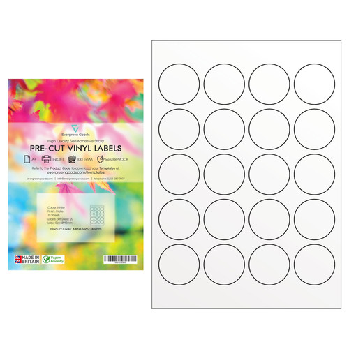 Precut Circular Labels Matte White Vinyl Waterproof -45mm-4x5