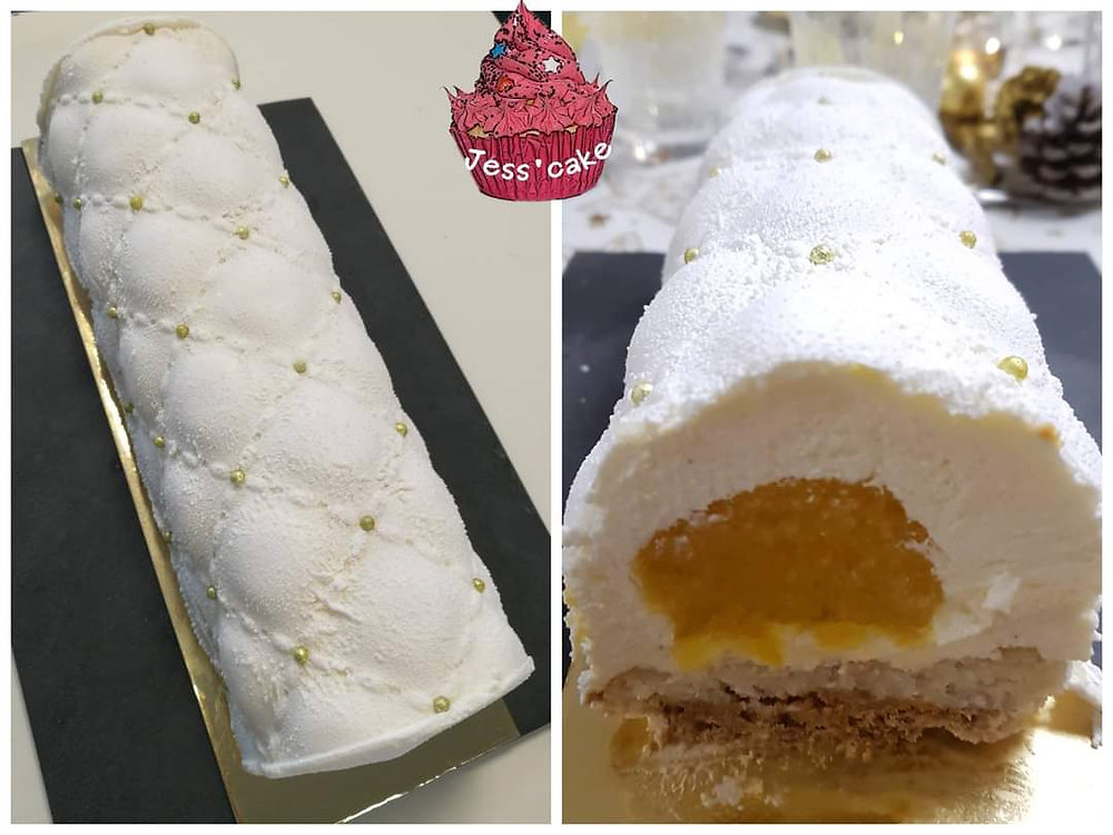 Bûche mousse vanille avec insert fruits exotiques, croustillant ...