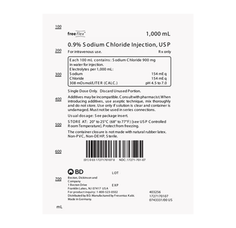 Injection Solution Sodium Chloride 0.9% 1000mL E3 IV Container 12/Ca ...
