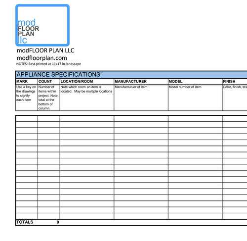 Appliance Specification Sheet | Mysite
