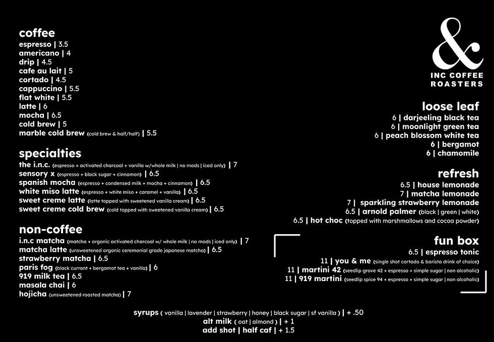 MENU | INC Coffee Roasters