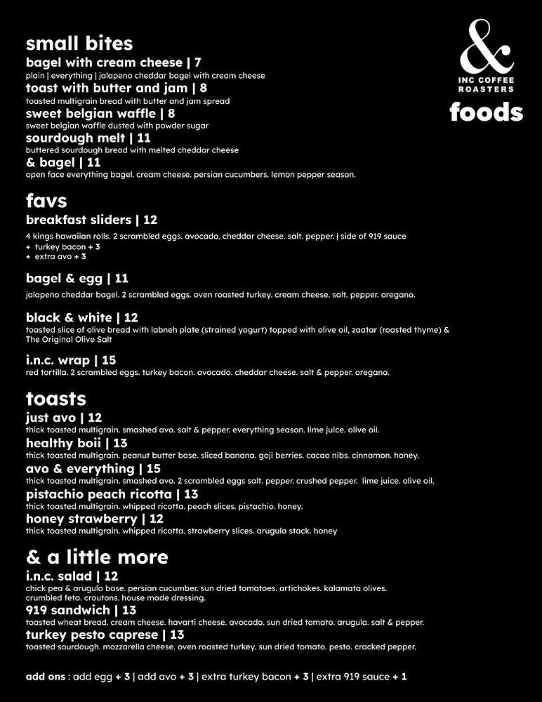 MENU | INC Coffee Roasters