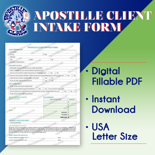 Apostille Client Intake Form| Fillable PDF| Apostille Agent Receipt ...