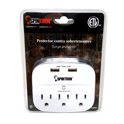 Protector contra Sobretensiones 3 Tomas + 2 USB Spintron | Electrocable
