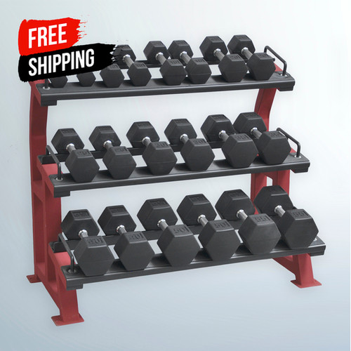 VIRGIN RUBBER SUPER HEX DUMBBELL 10 PAIR SET WITH THREE LEVEL RACK ...