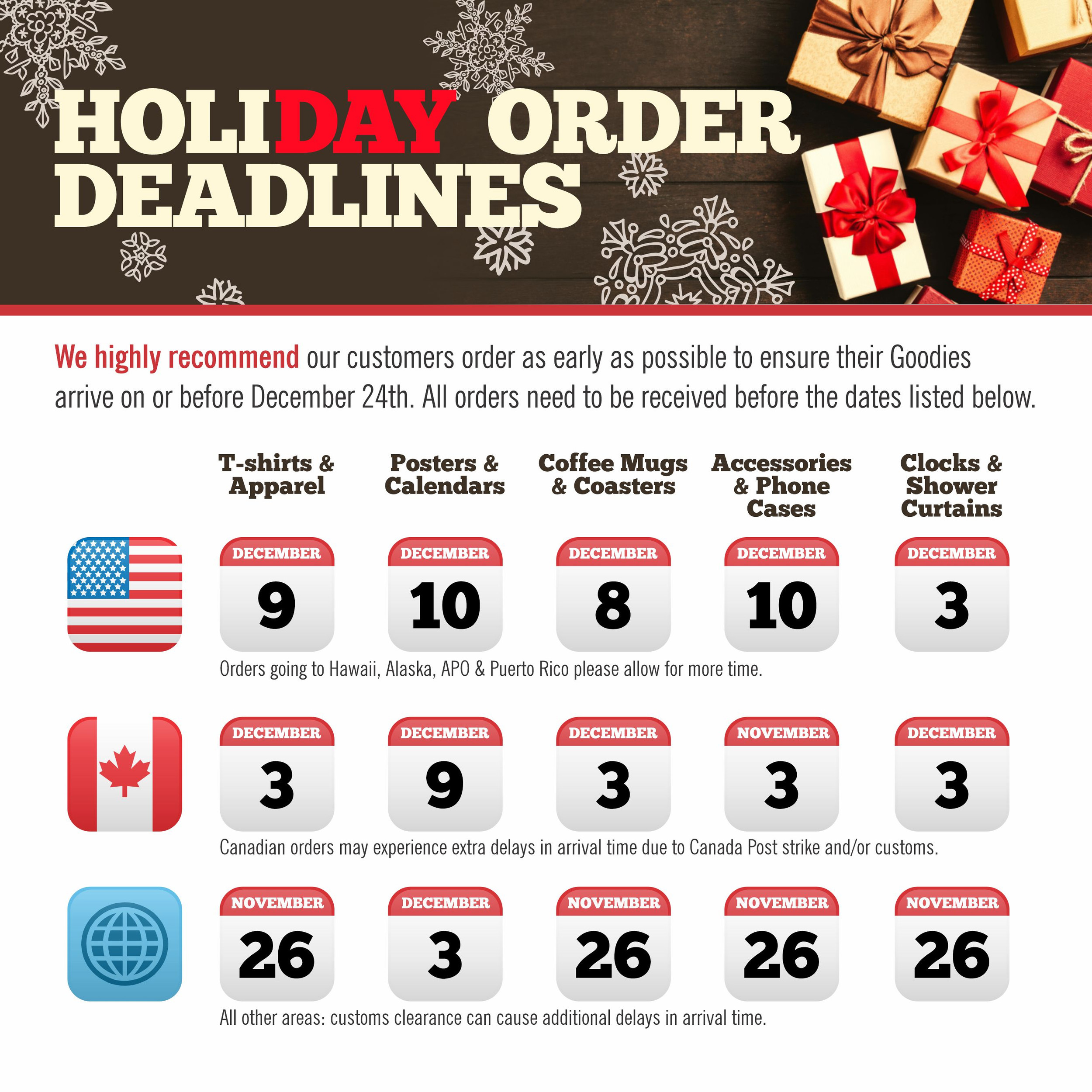 2024 Holiday Order Deadlines