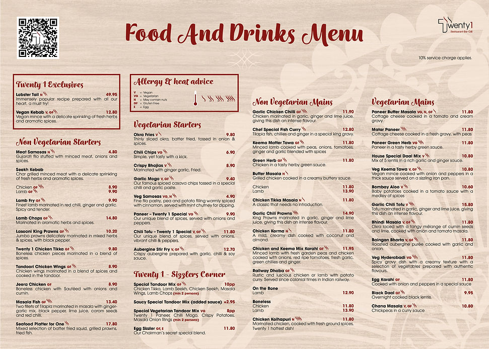 Menu | Twenty One | Indian Restaurant | Bar | Grill