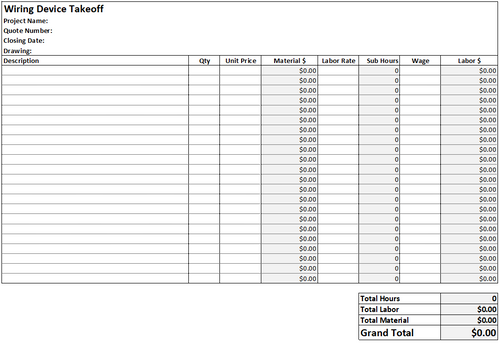 Wiring Device Takeoff Sheet | E-Con Tools