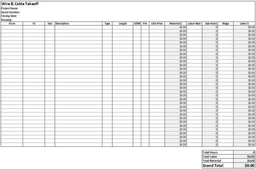 Wire/Cable Takeoff Sheet | E-Con Tools