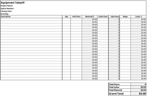 Equipment Takeoff Sheet | E-Con Tools