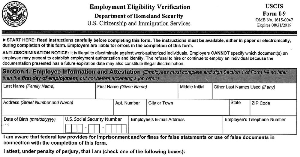 U.S. Citizenship and Immigration Services (USCIS) – Form I-9