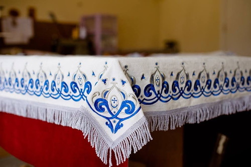 Elegant White Velvet Altar Covers with Blue & Silver Stitching