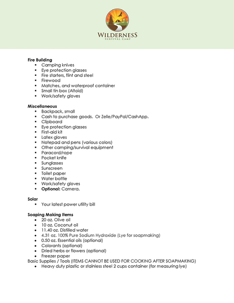 Equipment List | Wilderness Survival Camp Equipment List | Wilderness Survival Camp
