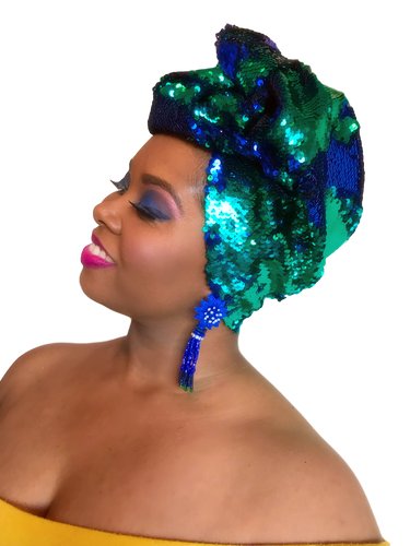 Blue & Green Mermaid Two-Toned Stretch Sequin Head Wrap | crownedinroyalty