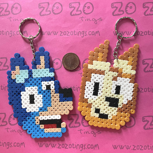 Buy our Bluey & Bingo Pixel Keyrings brought to you by ZoZoTings.com