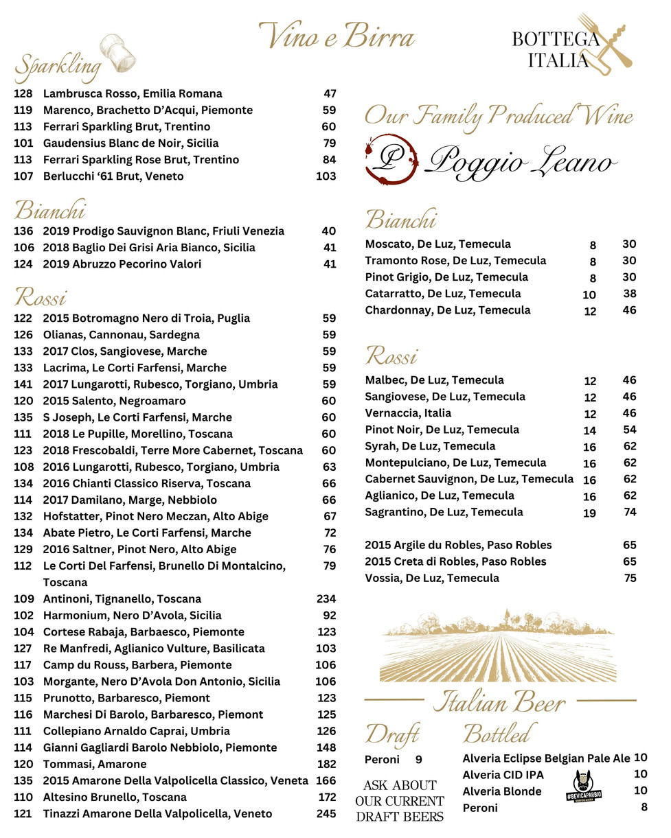 Menus | Bottega Italia