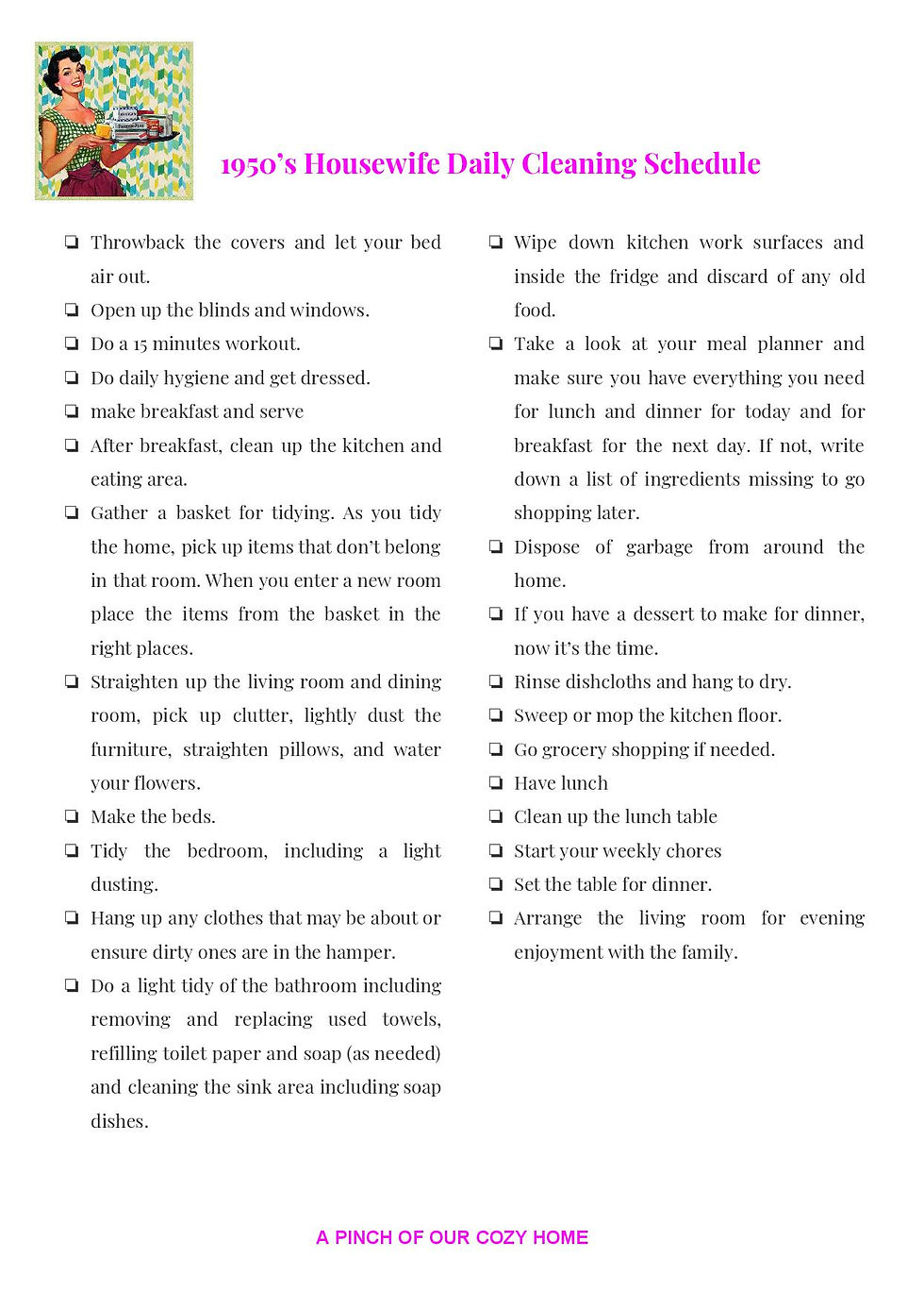 Inspired 1950’s daily cleaning schedule + free checklist