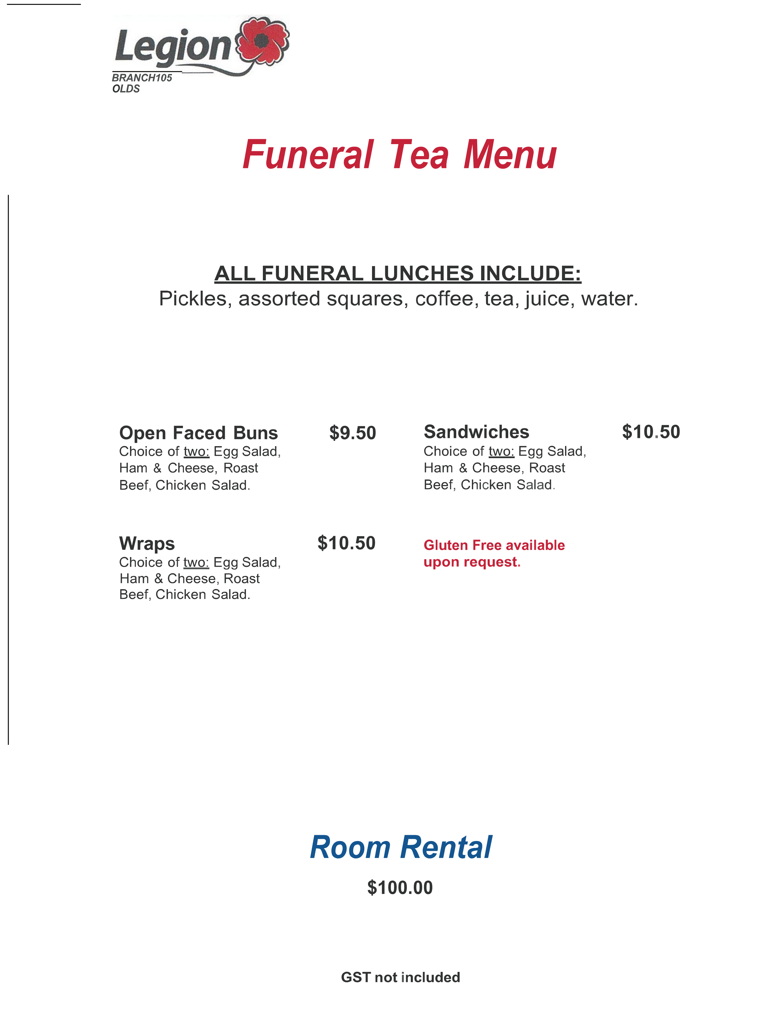 Funeral Tea Menu | Legion #105