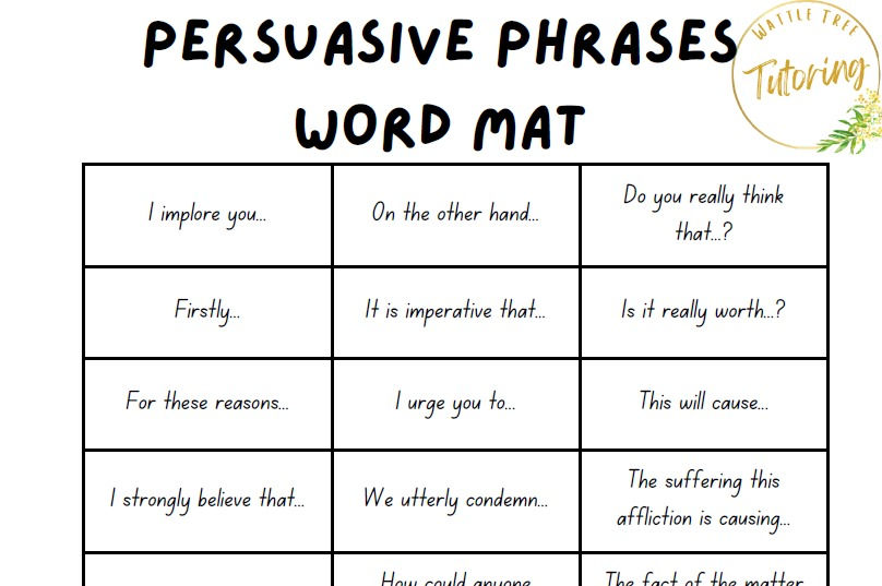 Persuasive Phrases Word Mat | Wattle Tree Tutoring