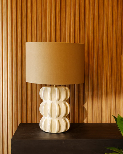 Spar White Marble Table Lamp – Taupe Handloom Shade | LumeHaus