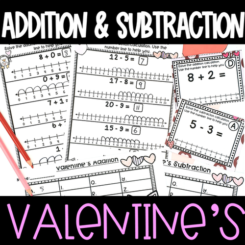 Valentines Day Addition Subtraction Number Line Worksheet Task Card ...