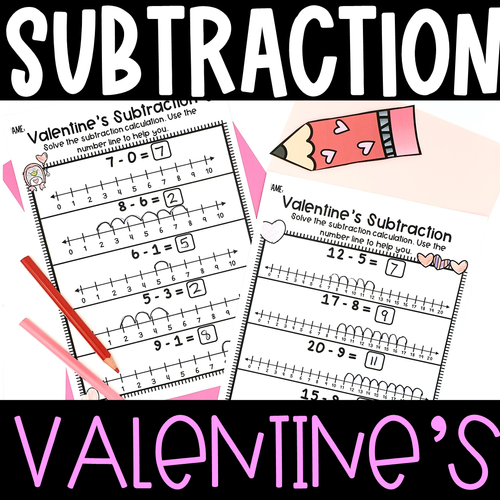 Valentines Day Subtraction Number Line Worksheets | Crayon Lane Teach