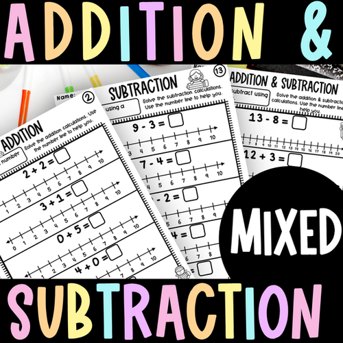 Addition Subtraction on a Number Line Worksheet Bundle 1st Grade ...